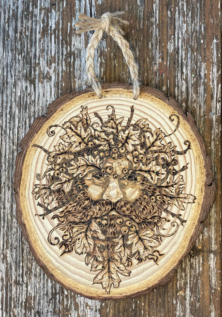 Green Man Log-Slice Pyrography Wall Plaque - Sarah H Davis